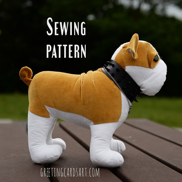 Bulldog plush toy sewing pattern - Art of greeting cards